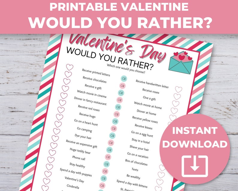 Printable Valentine Would You Rather Game, This or That Valentine Party ...