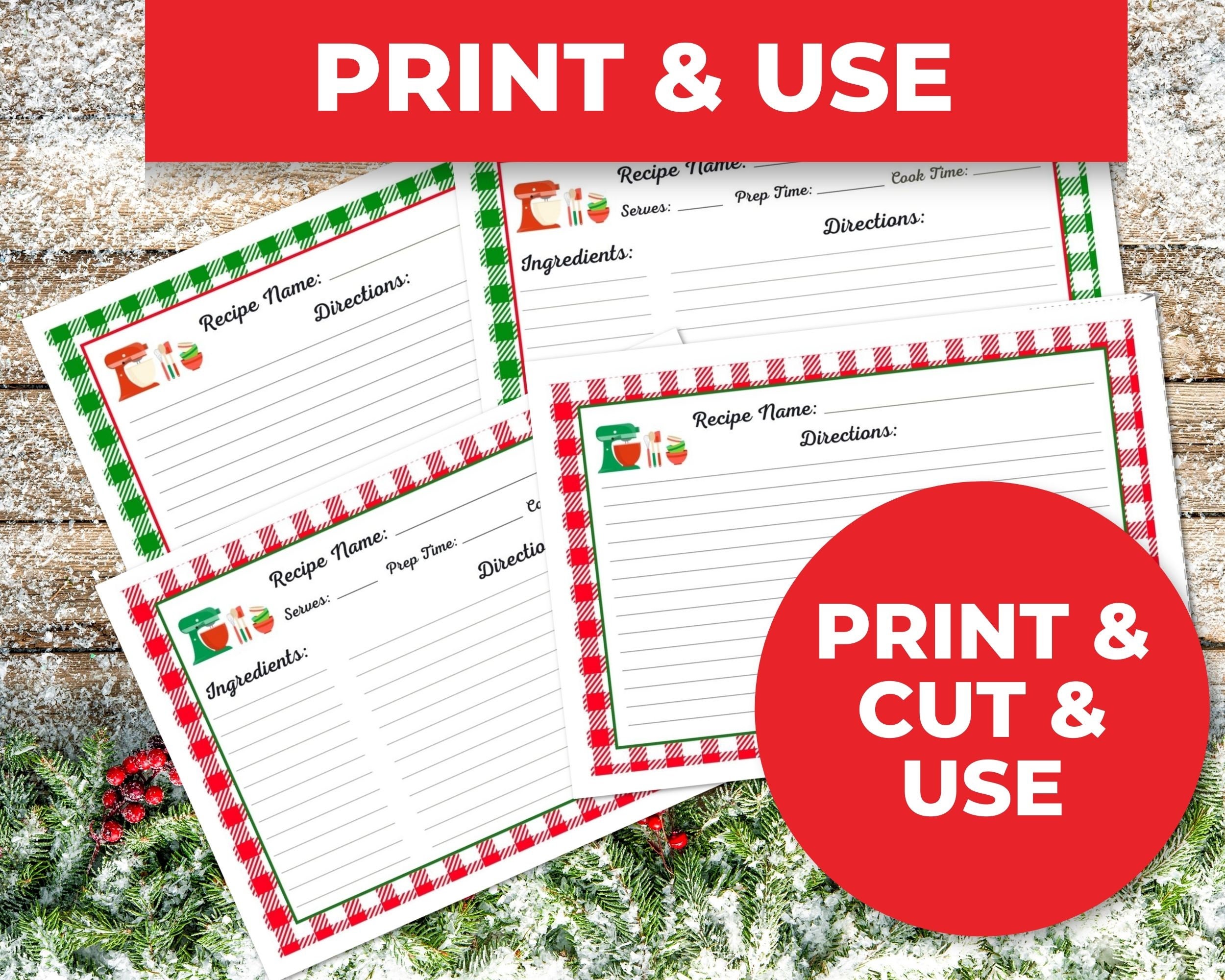 Printable Recipe Cards - Red & Green Gingham - Etsy