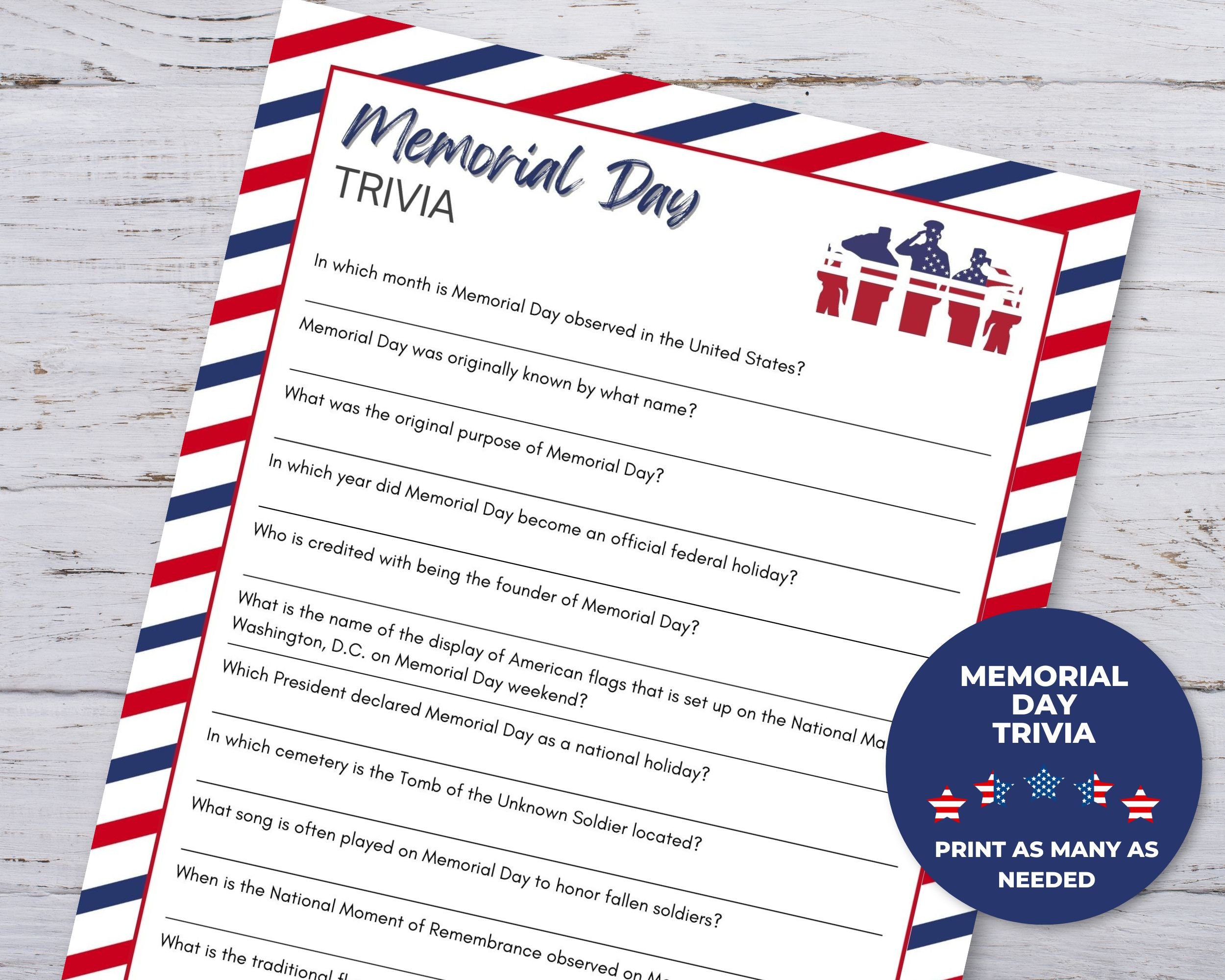 Memorial Day Trivia, Memorial Day Printable, Memorial Day Game ...