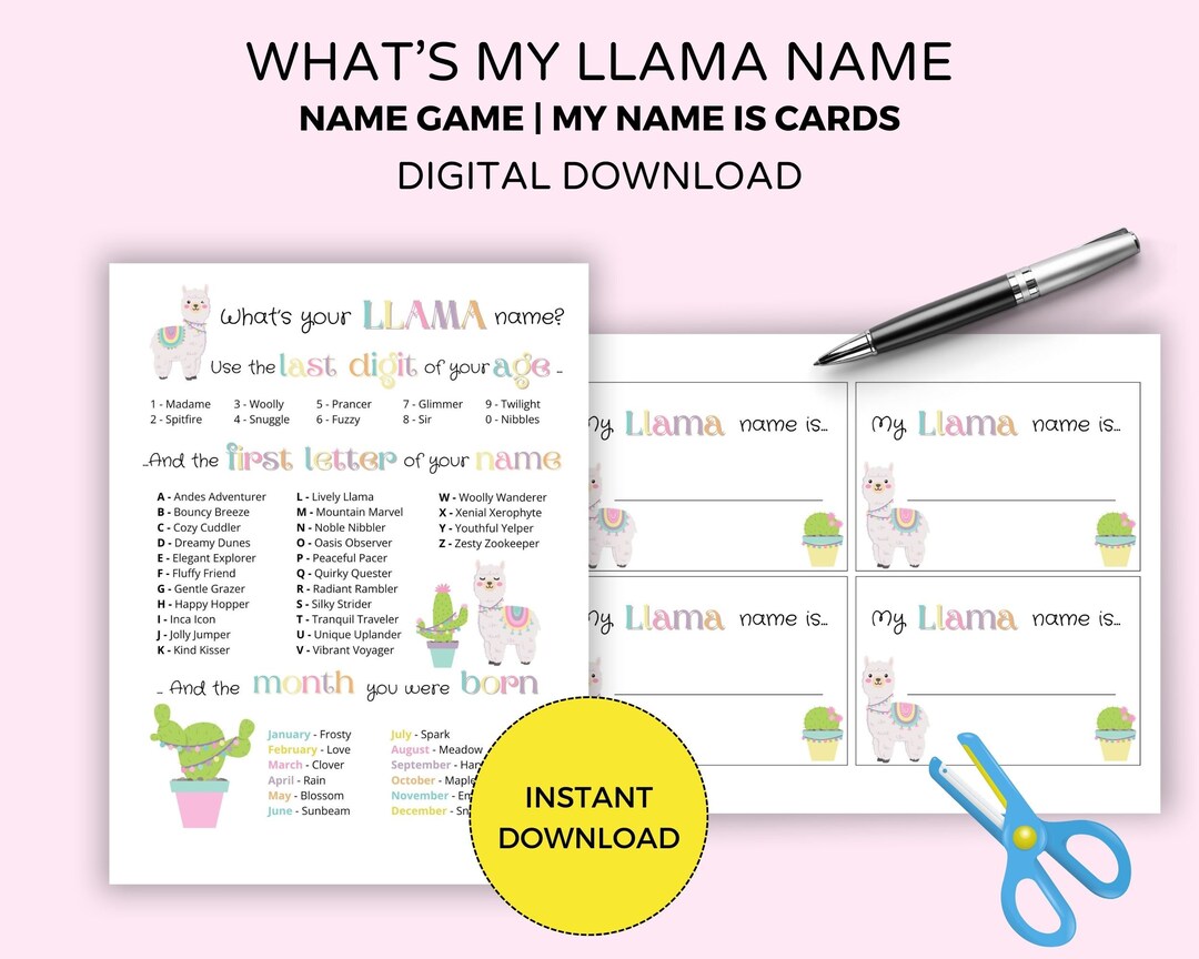 What's Your Llama Name, Llama Baby Shower Games, Llama Birthday, Llama ...