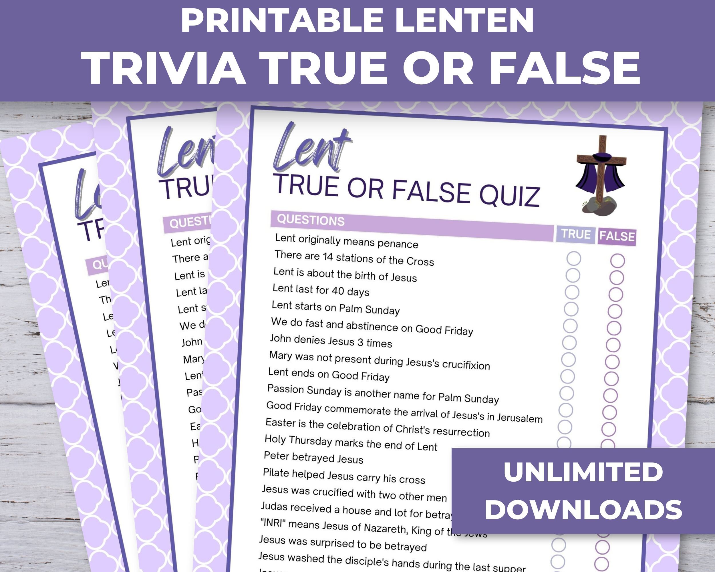 Lent Trivia Printable, Lenten True or False Trivia Game, Lent Printable ...
