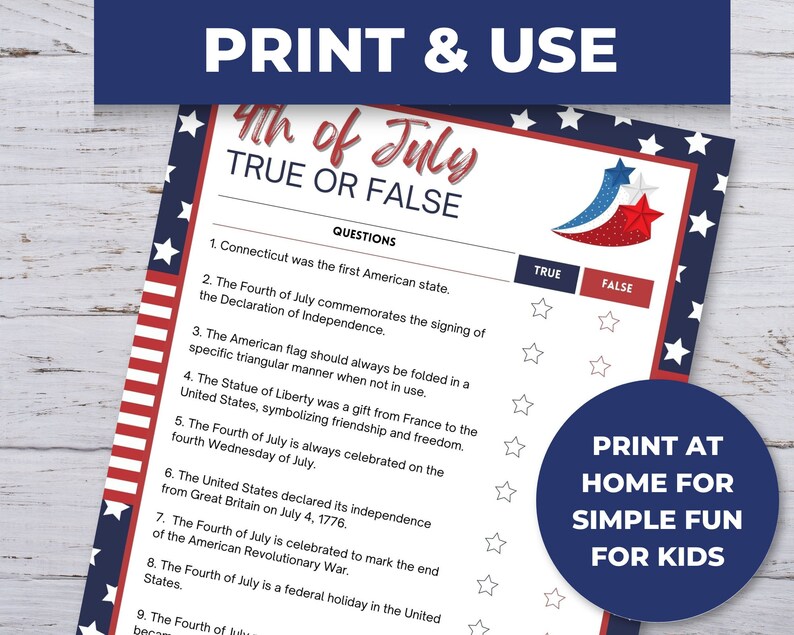 True or False Trivia, Printable 4th of July Party Games, 4th of July ...