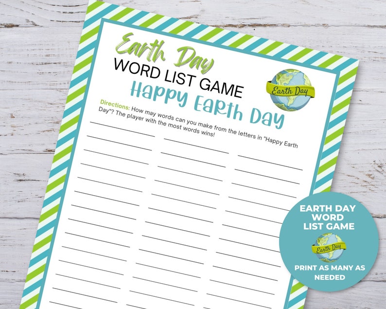 Earth Day Word List Game Printable Earth Day Game for Kids - Etsy