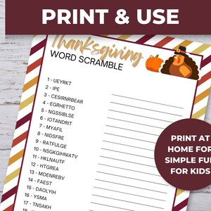 Thanksgiving Word Scramble Game for Kids, Printable Thanksgiving Games ...