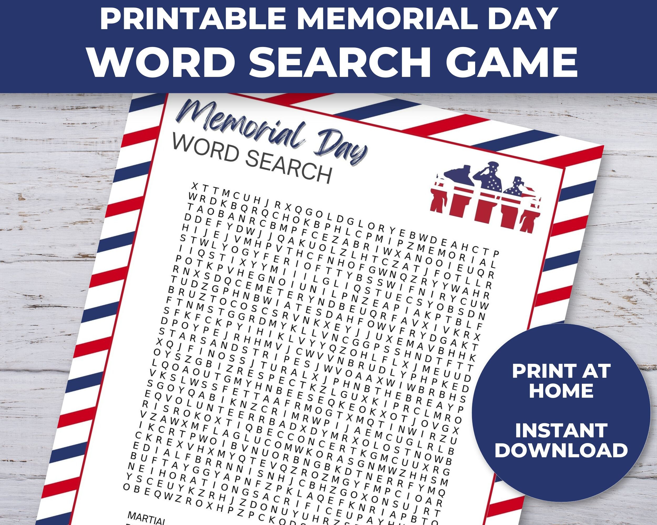 Memorial Day Word Search, Word Puzzles Printable, Patriotic Party Games ...