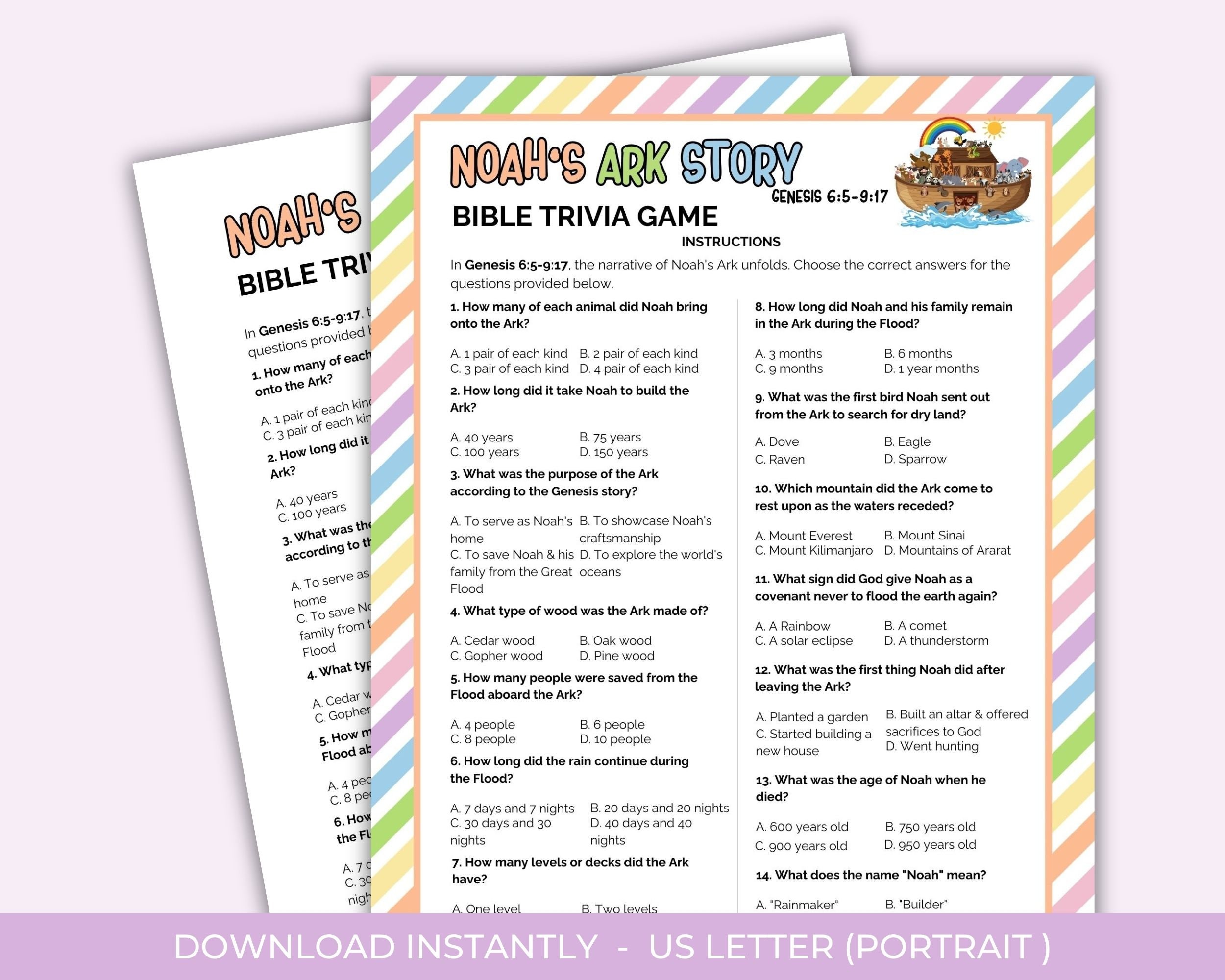 Noah's Ark Bible Trivia for Kids, Printable Trivia Game, Bible Story ...