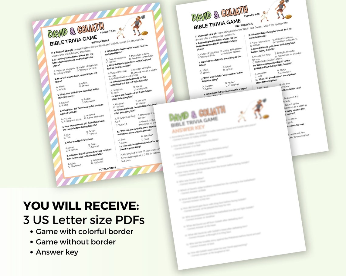 David and Goliath Bible Trivia for Kids, Printable Trivia Game, Bible ...
