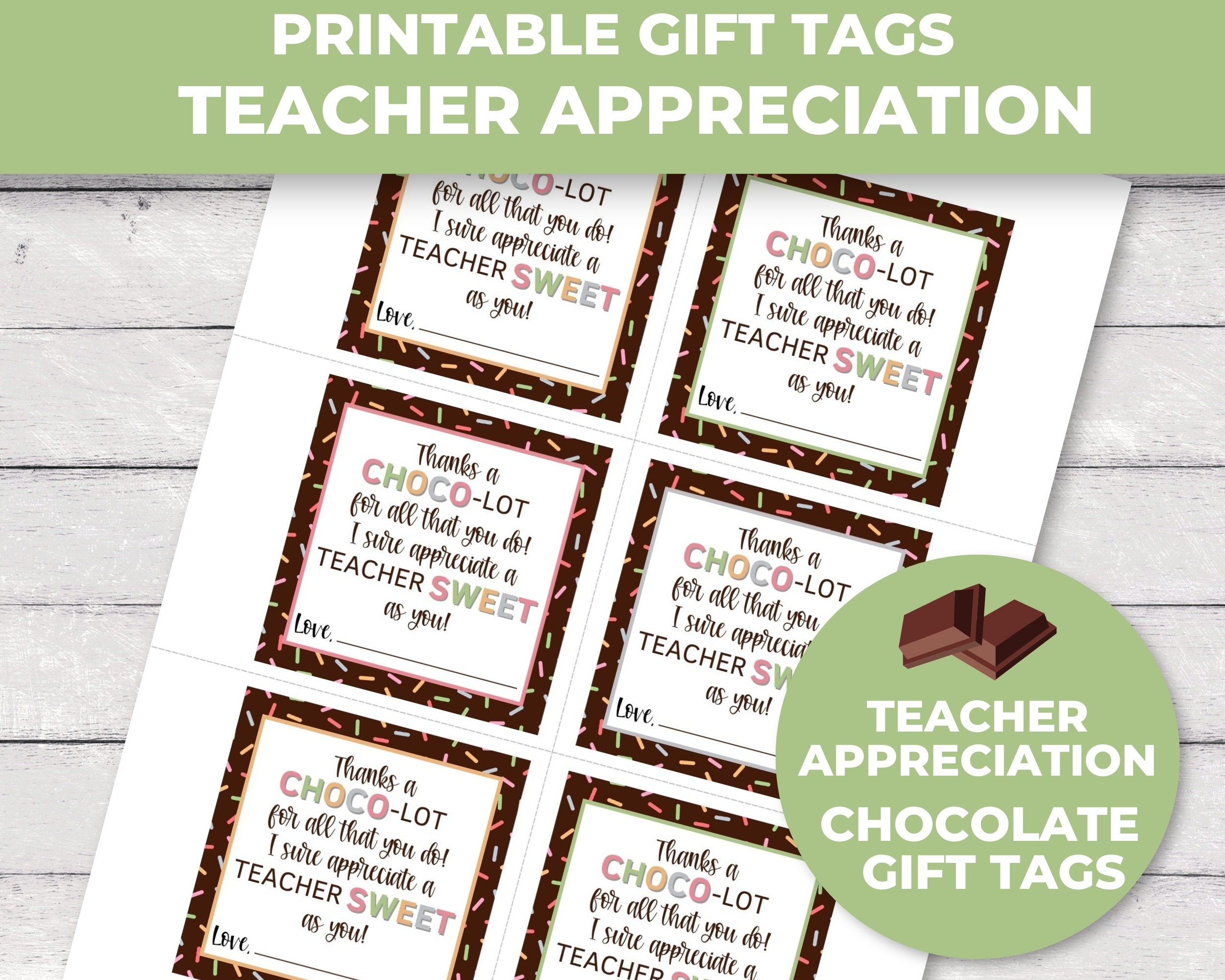 Chocolate Teacher Appreciation Tag, Thanks a Choco-lot, Candy Bar Gift ...