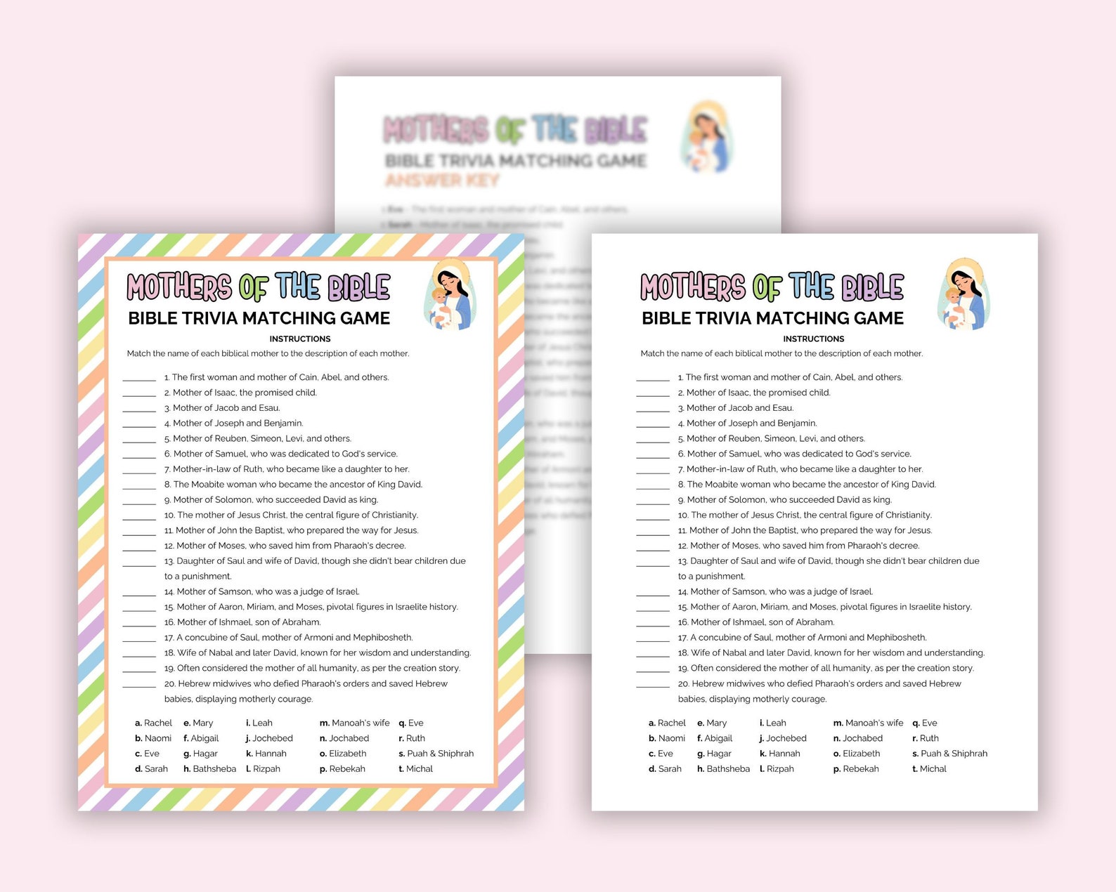 Mothers of the Bible Trivia for Kids, Printable Trivia Game, Bible ...