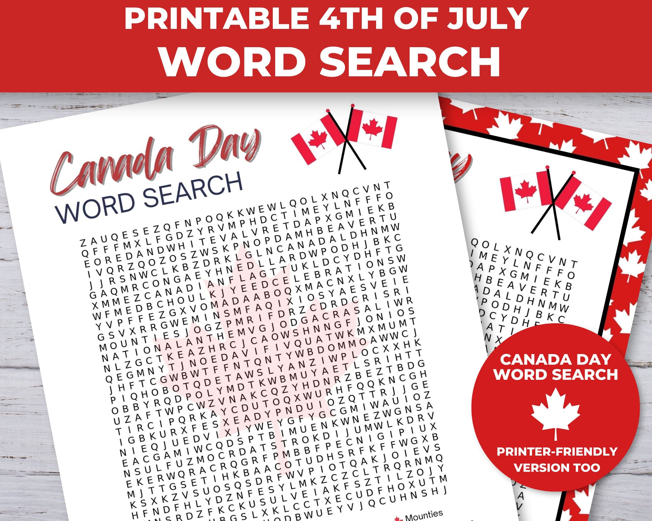 Canada Day Word Search Printable, Canada Day Games, July 1st Games ...