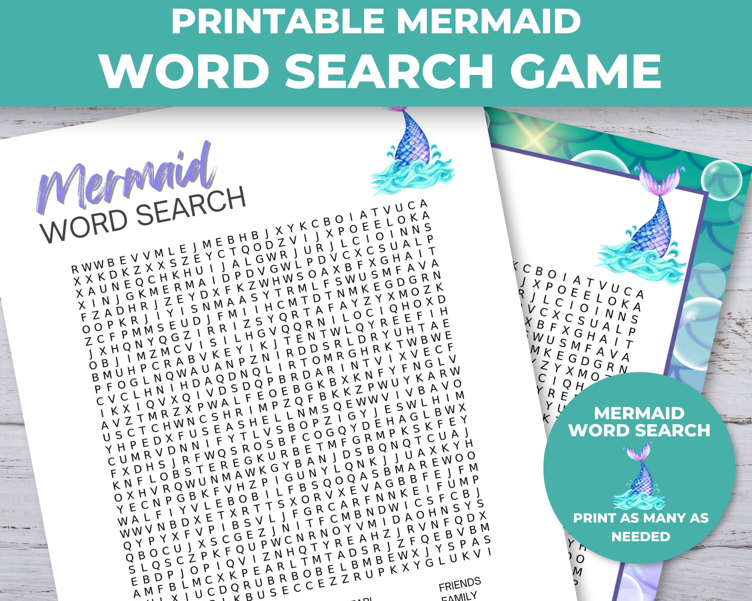 Mermaid Word Search, Mermaid Party Game, Mermaid Printable, Word Search ...