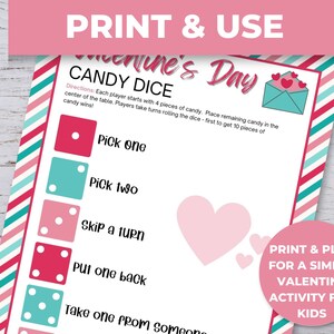 Printable Valentine Candy Dice Game, Valentine Activities for Kids and ...