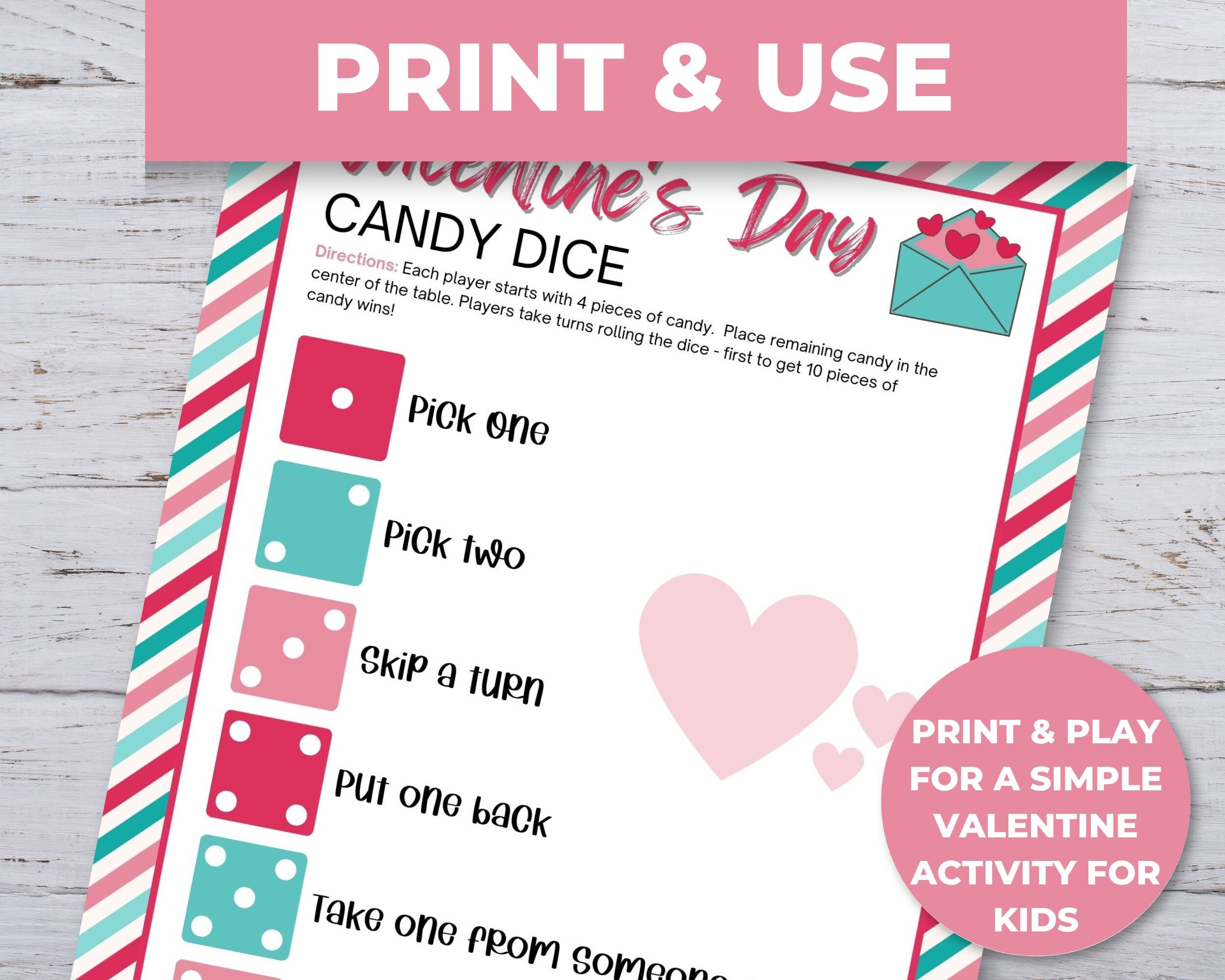 Printable Valentine Candy Dice Game, Valentine Activities for Kids and ...