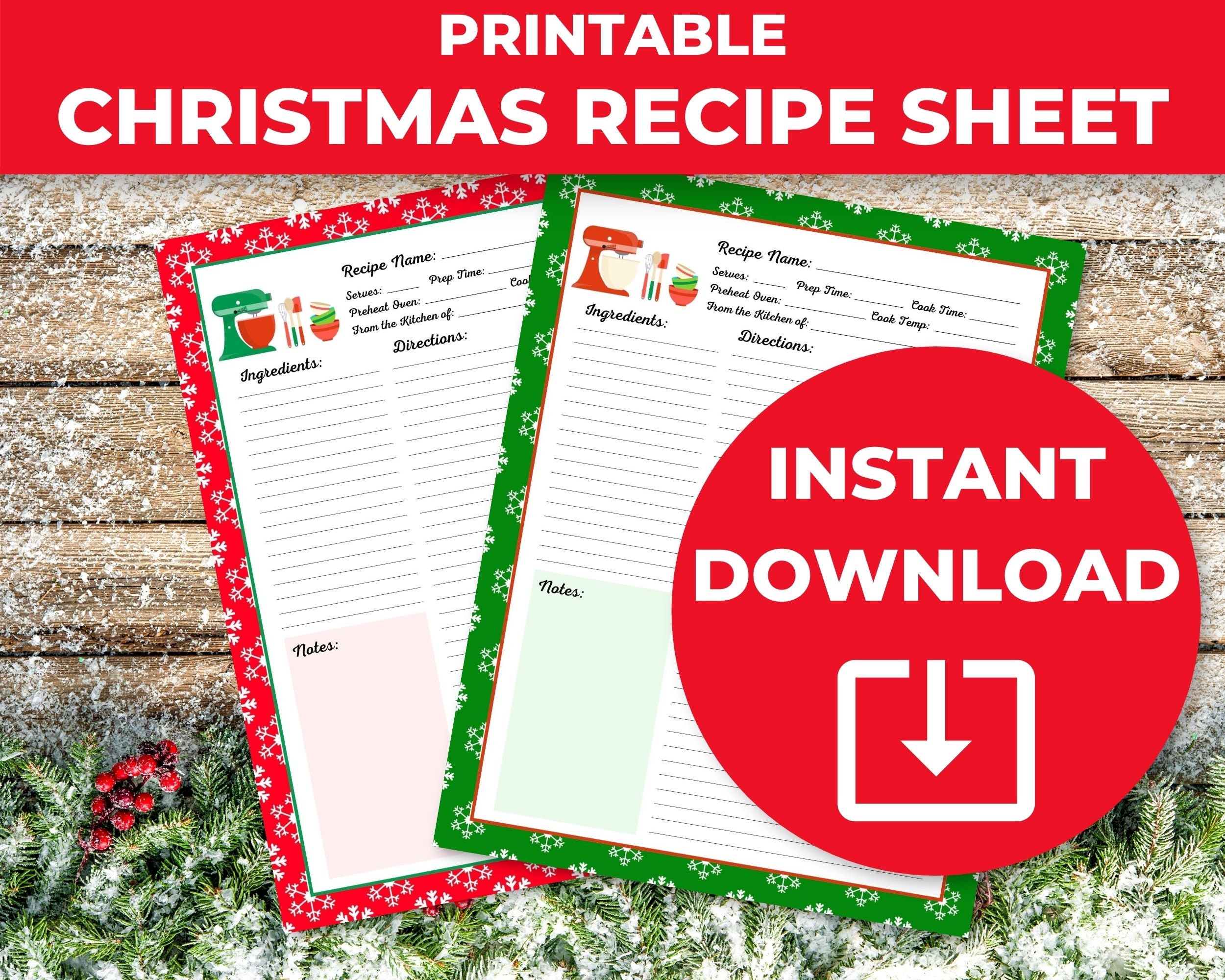 8.5x11 Printable Recipe Sheets for Holiday Recipe Christmas - Etsy