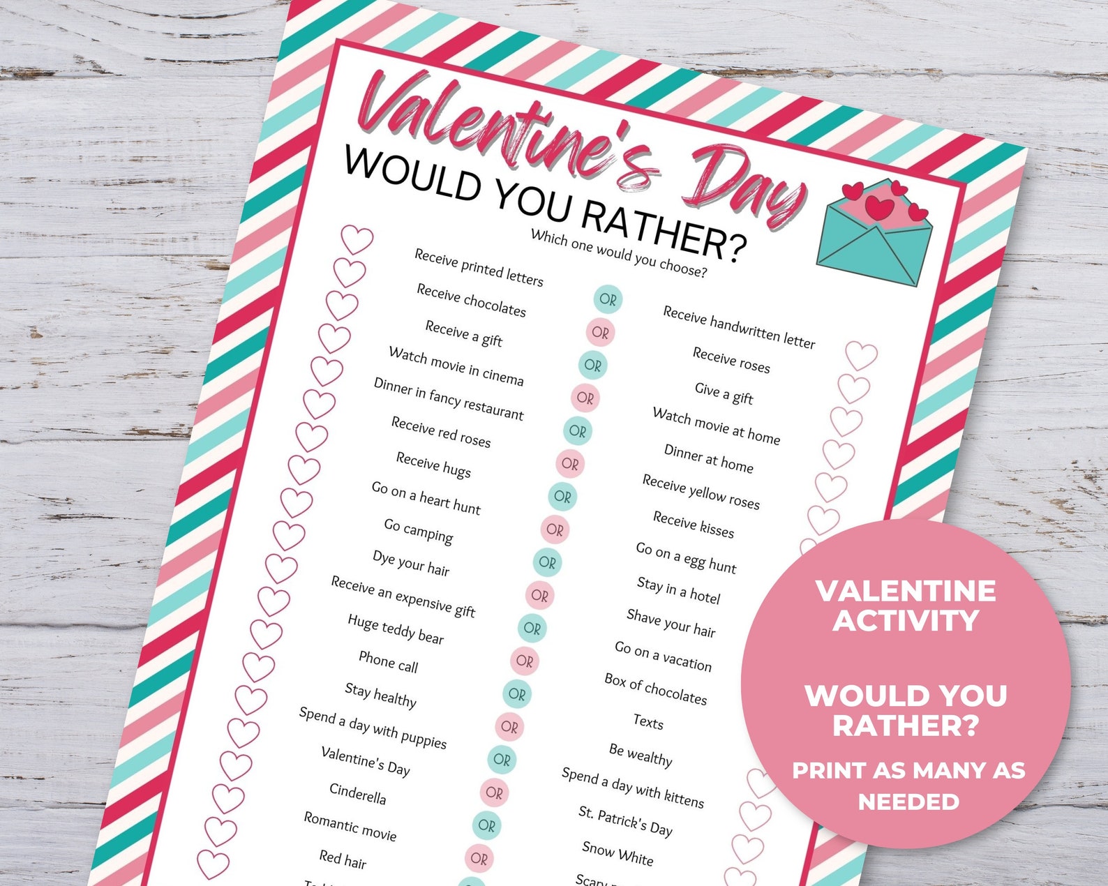 Printable Valentine Would You Rather Game, This or That Valentine Party ...