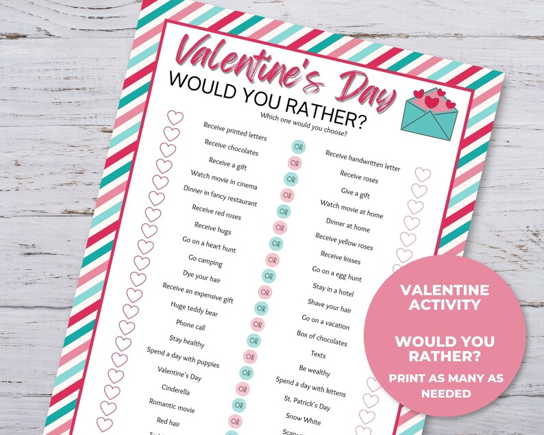 Printable Valentine Would You Rather Game, This or That Valentine Party ...