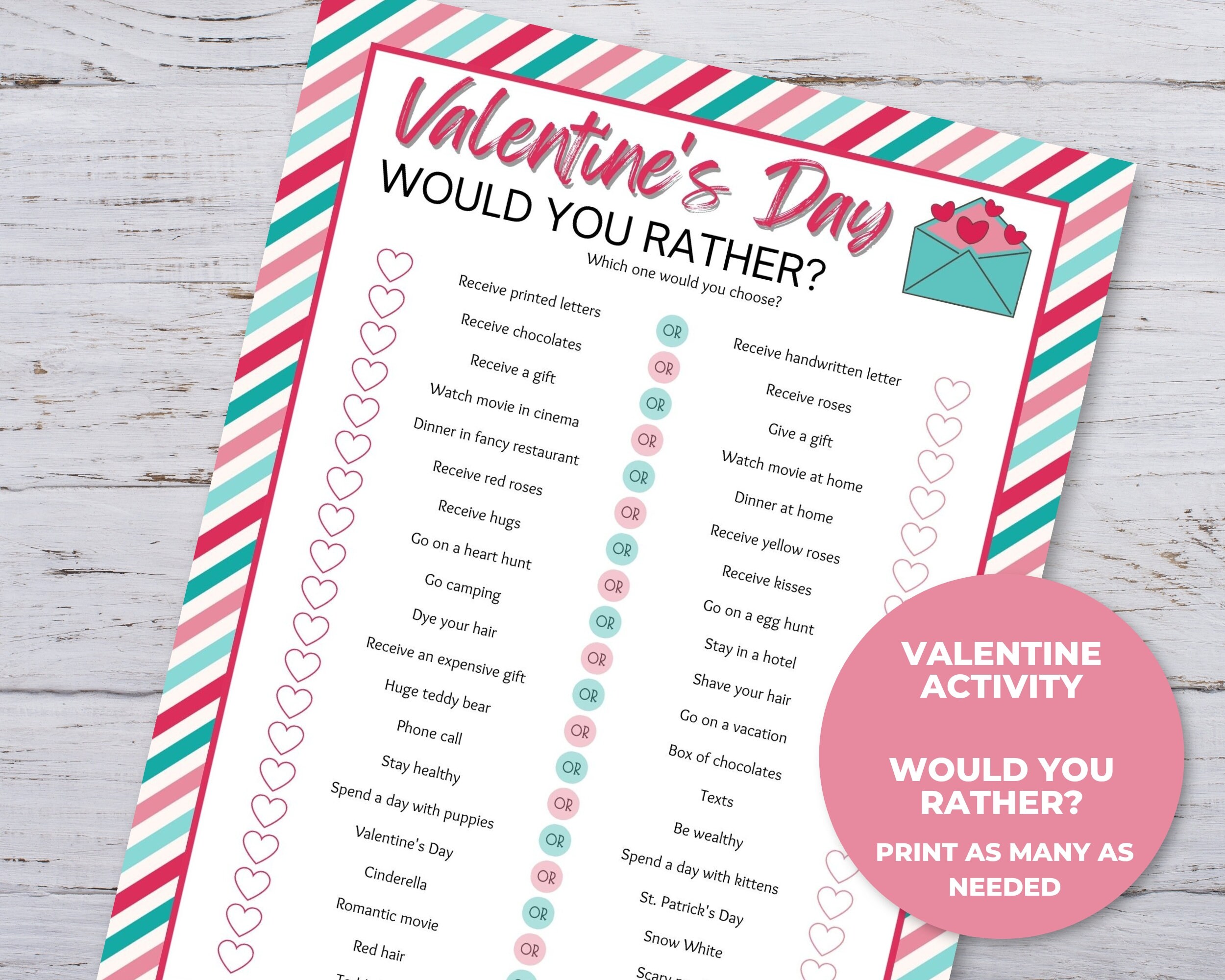 Printable Valentine Would You Rather Game, This or That Valentine Party ...