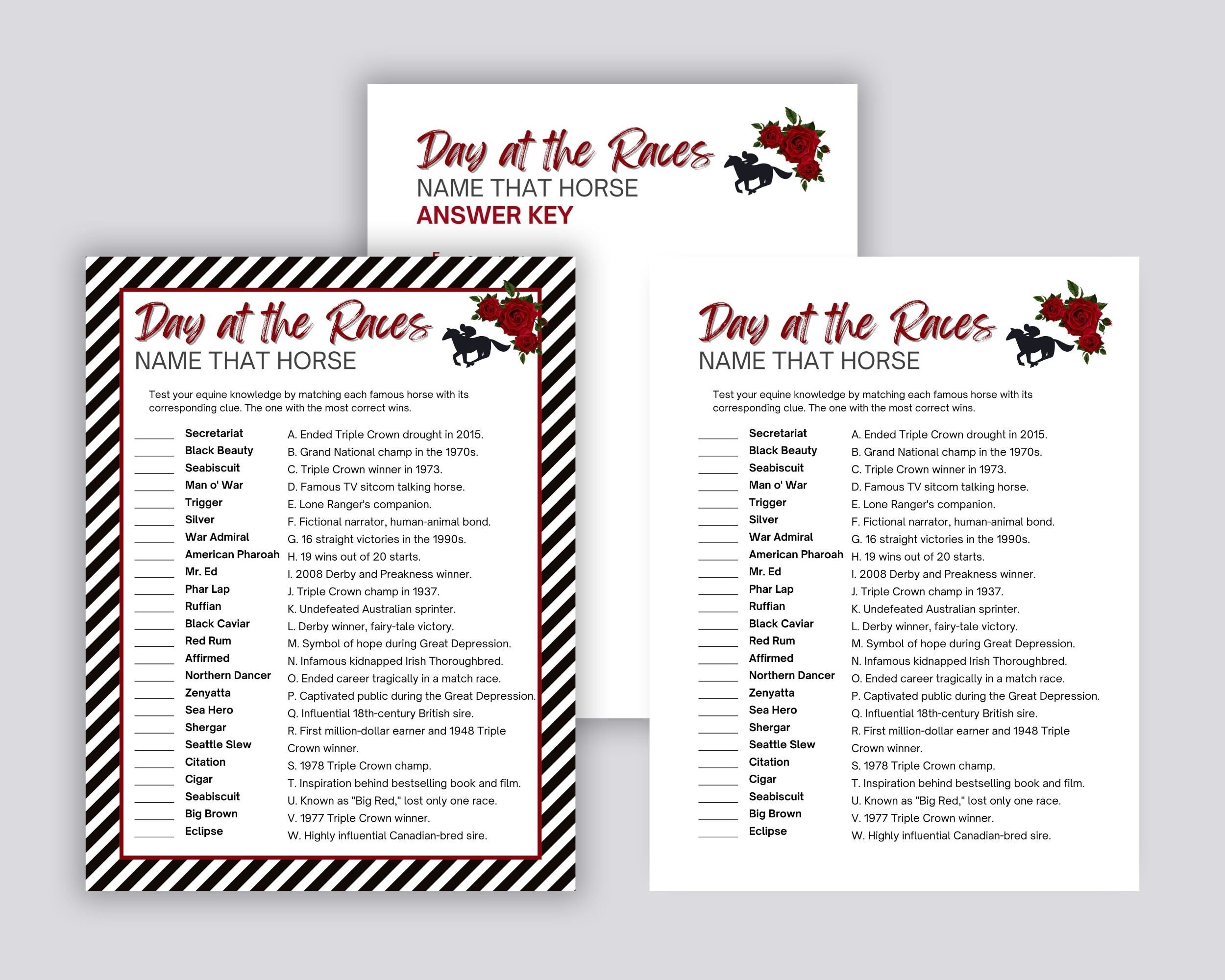 Kentucky Derby Party Game, Horse Racing Game, Derby Trivia, Triple ...