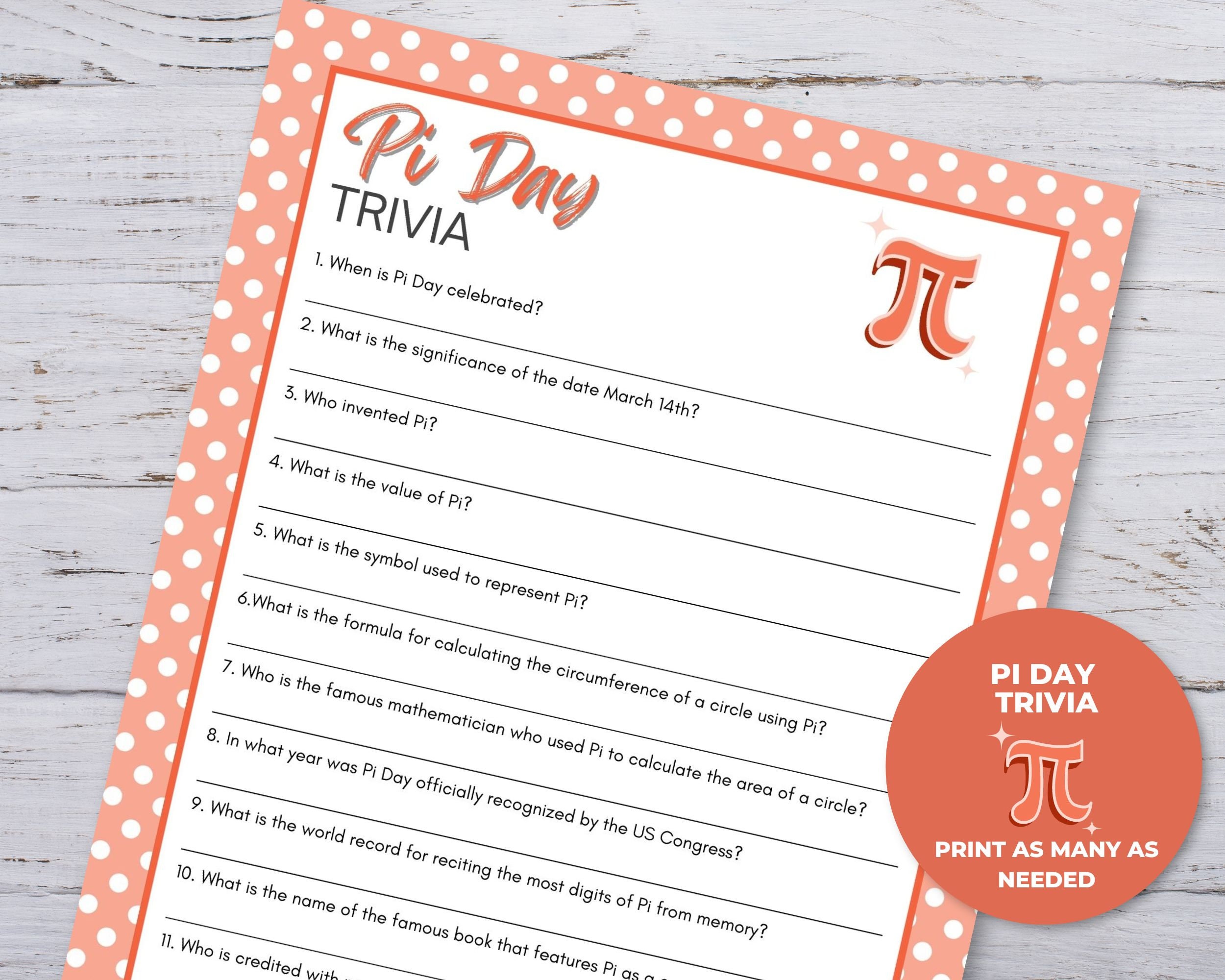 Pi Day Trivia, Pi Day Activities for Kids Printable, Pi Day Party, Kids ...