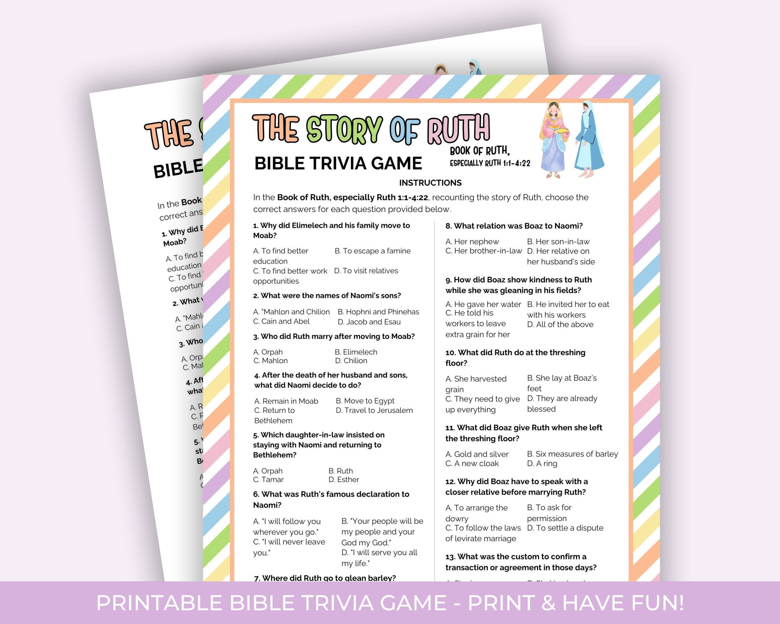 Ruth and Naomi Bible Story Activity, Bible Trivia Game for Kids ...