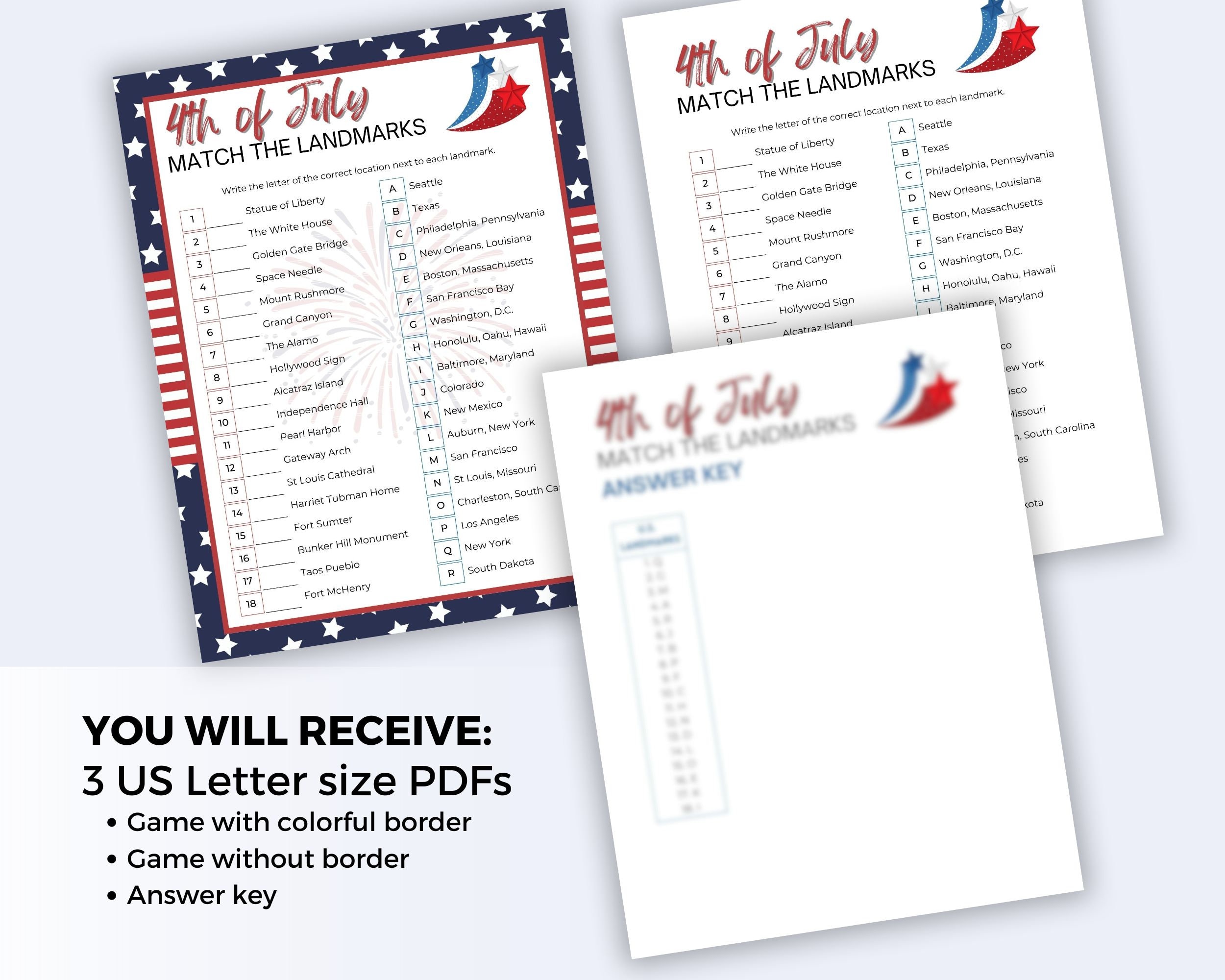 4th of July Matching Game, Printable 4th of July Party Games, 4th of ...