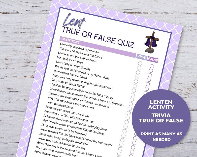 Lent Trivia Printable, Lenten True or False Trivia Game, Lent Printable ...