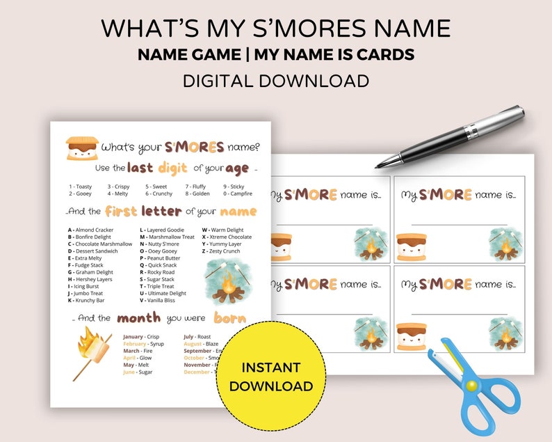 What's Your S'mores Name With Name Tags, Smores Party Games, National S ...