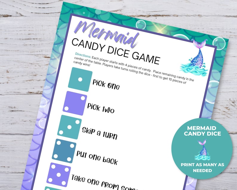 Mermaid Party Games, Candy Dice Game, Mermaid Party Printable, Under ...