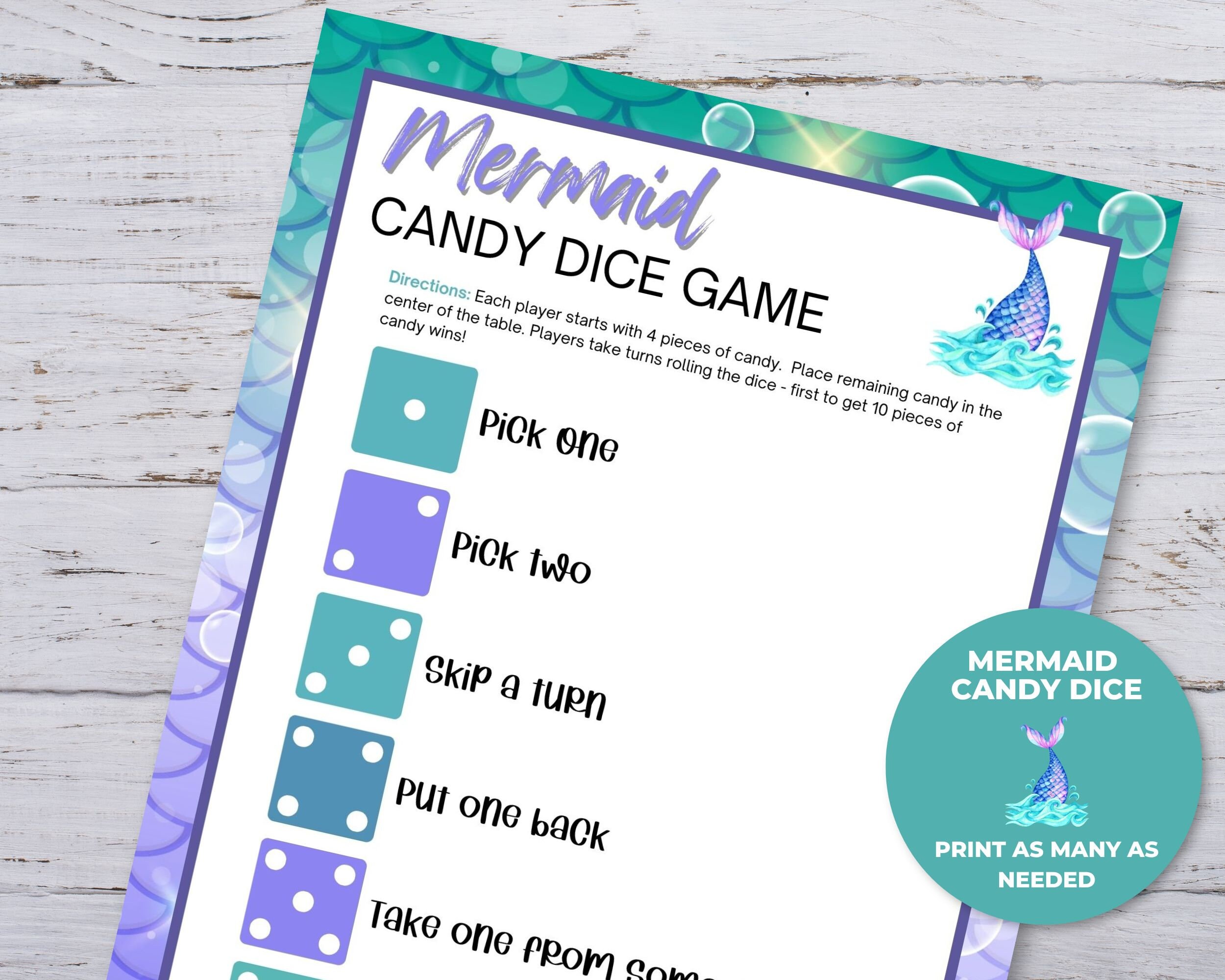 Mermaid Party Games, Candy Dice Game, Mermaid Party Printable, Under ...
