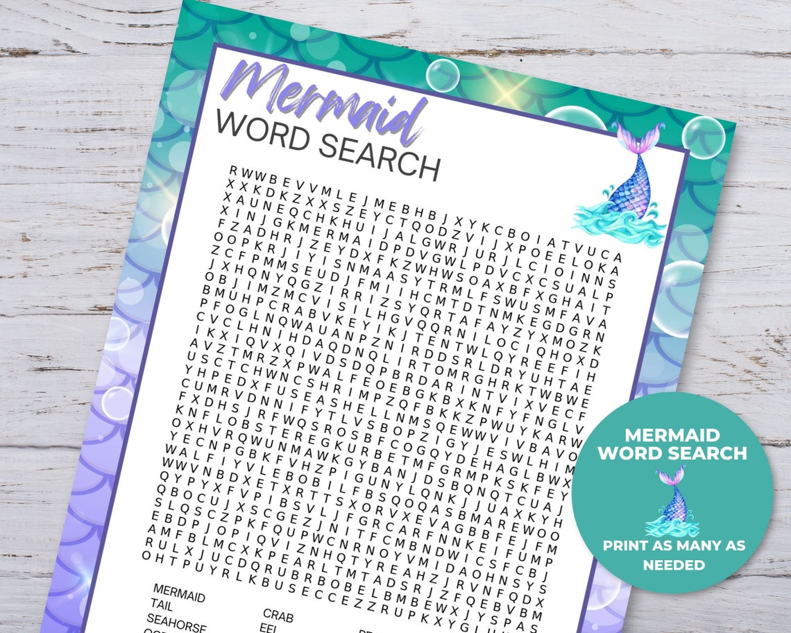 Mermaid Word Search, Mermaid Party Game, Mermaid Printable, Word Search ...