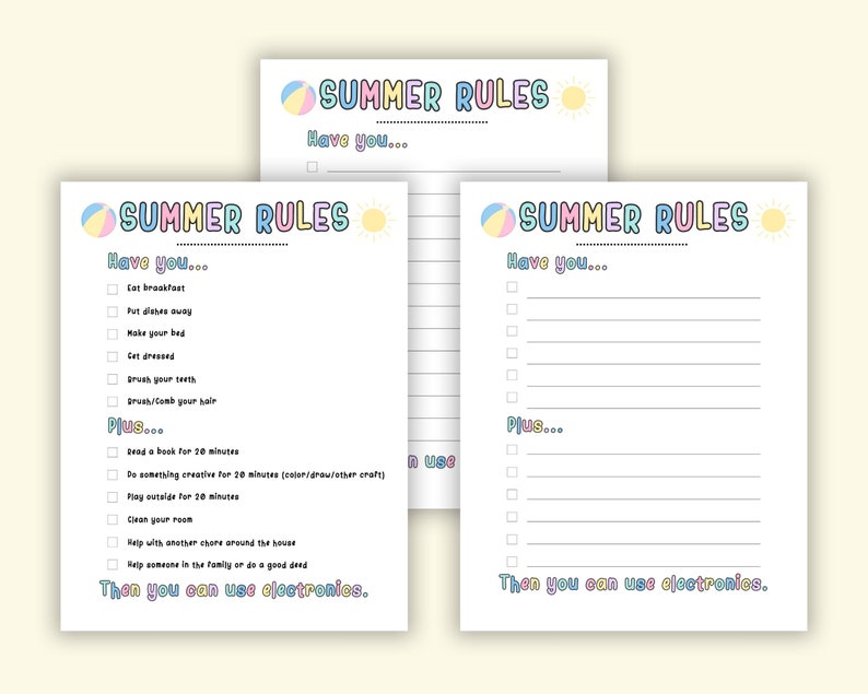 Summer Rules Printable, Earn Screen Time, Chore Chart Printable, Summer ...