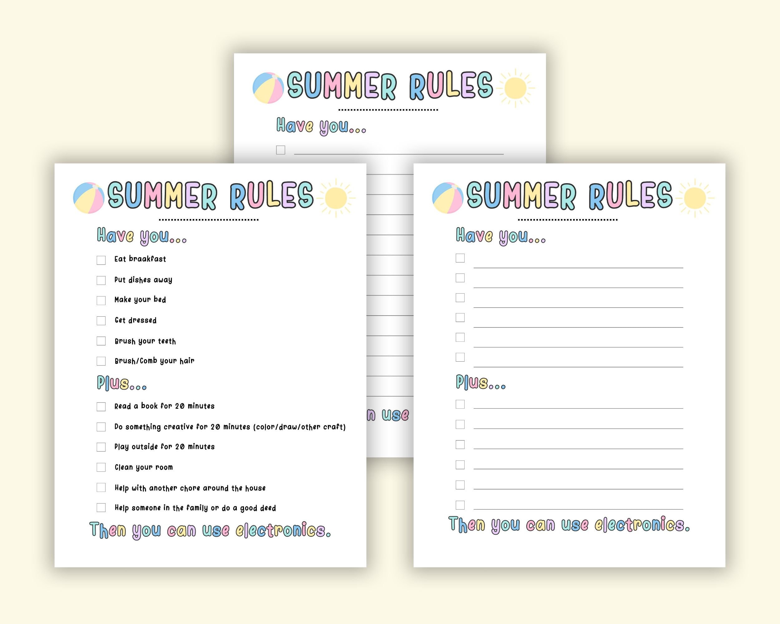 Summer Rules Printable, Earn Screen Time, Chore Chart Printable, Summer ...