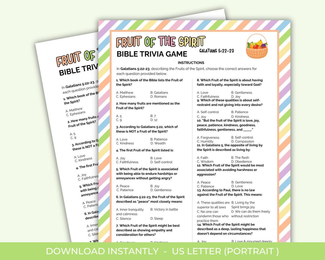 Fruit of the Spirit Bible Printable Trivia Game for Kids, Bible Story ...