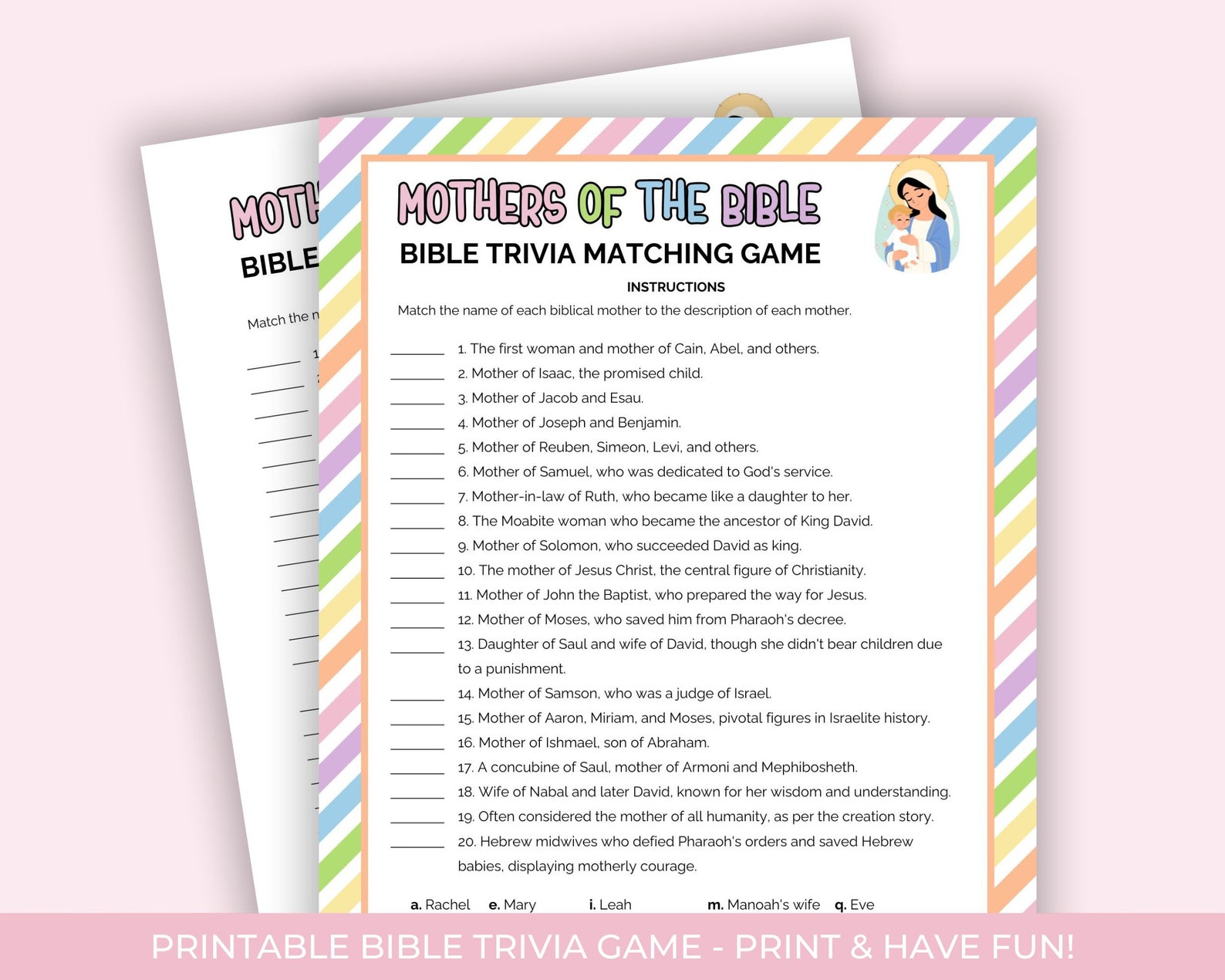 Mothers of the Bible Trivia for Kids, Printable Trivia Game, Bible ...