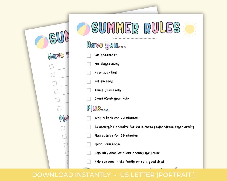 Summer Rules Printable, Earn Screen Time, Chore Chart Printable, Summer ...