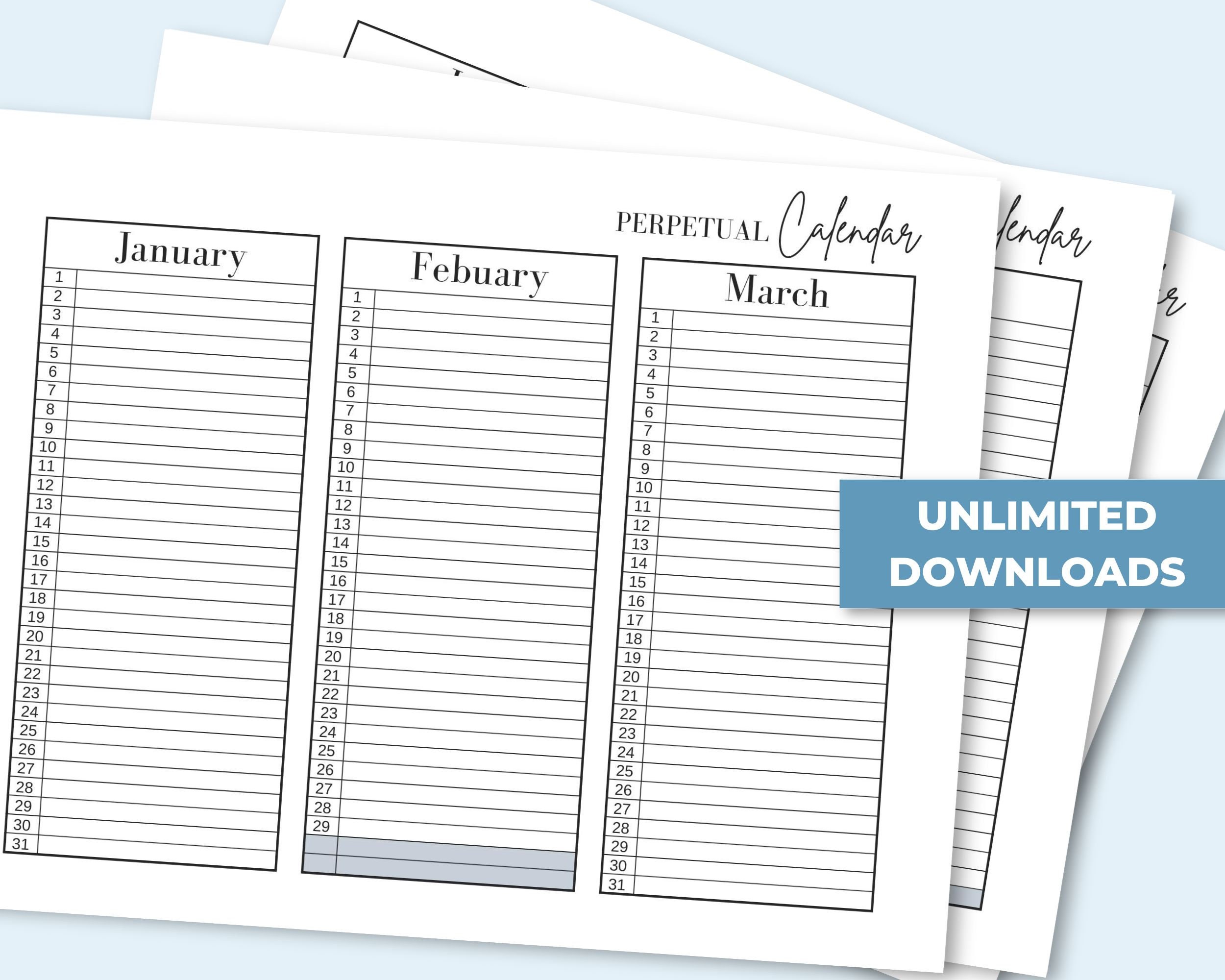 Printable Perpetual Calendar, Undated Calendar Printable, Year at A ...