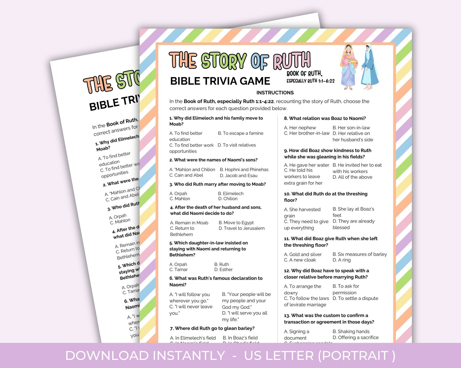 Ruth and Naomi Bible Story Activity, Bible Trivia Game for Kids ...