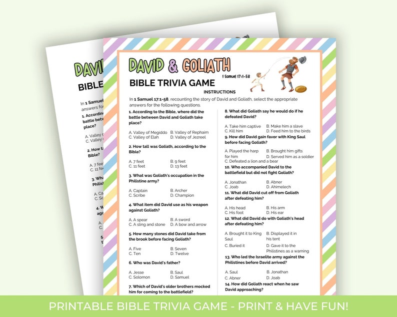 David and Goliath Bible Trivia for Kids, Printable Trivia Game, Bible ...