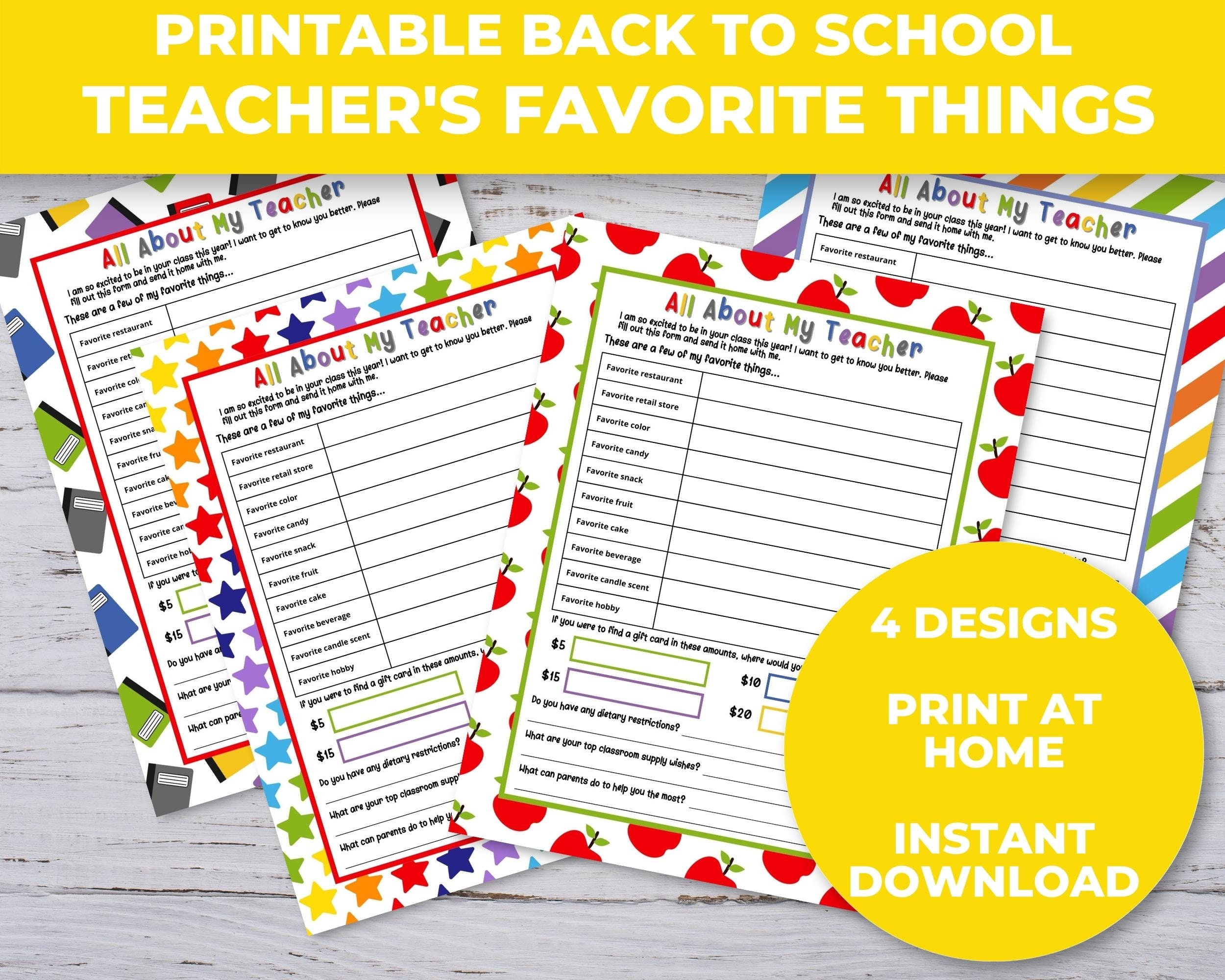 Teachers Favorite Things Survey Teacher Gift Questionnaire - Etsy