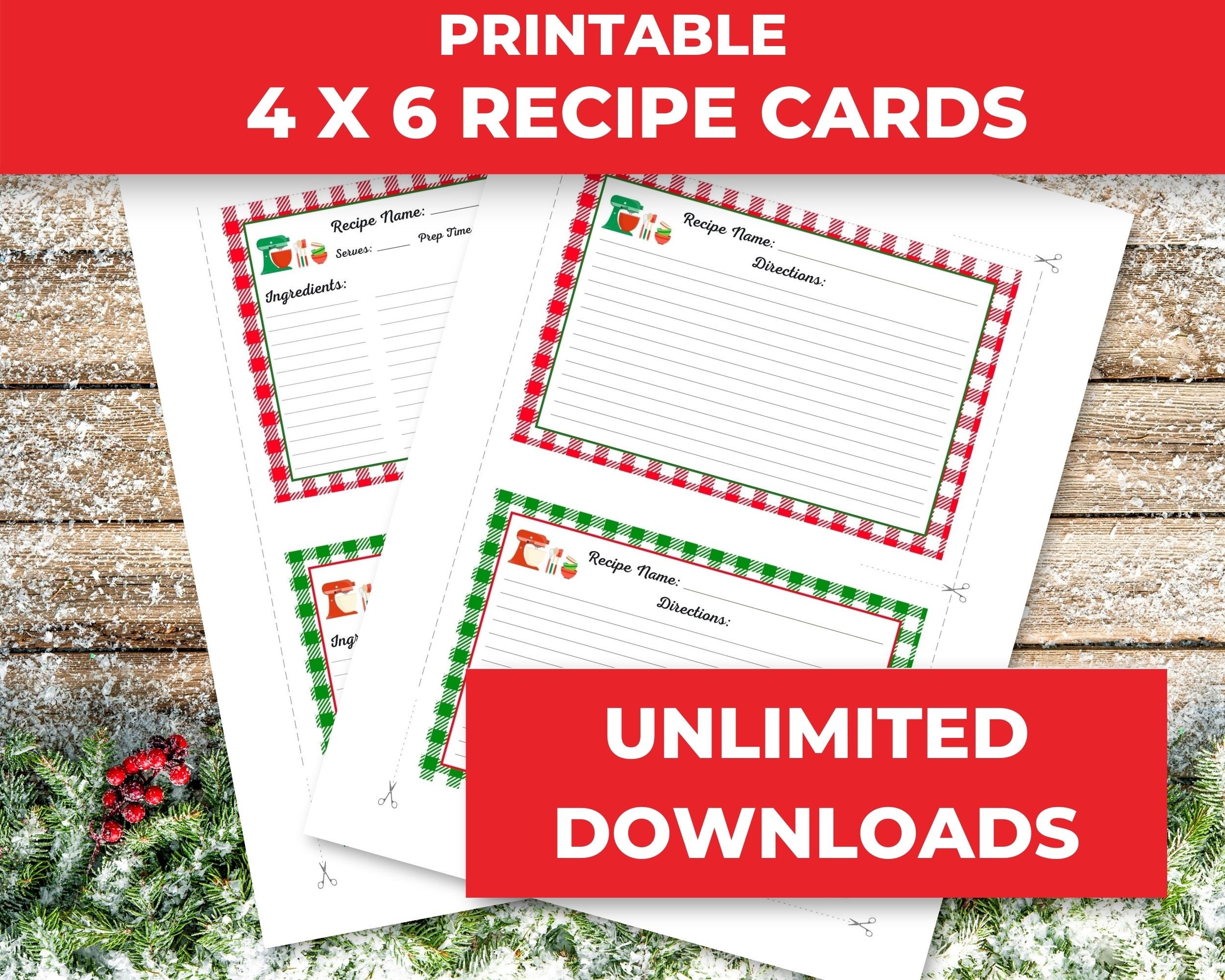 Printable Recipe Cards Red & Green Gingham - Etsy