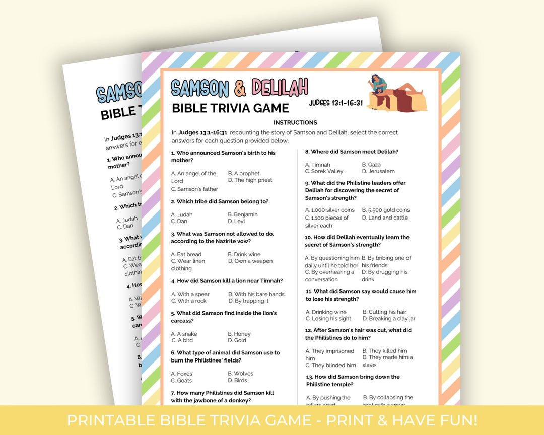 Samson and Delilah Bible Trivia Game for Kids, Bible Story Activities ...