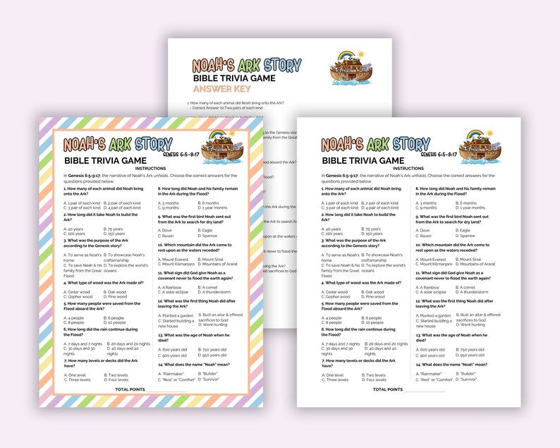 Noah's Ark Bible Trivia for Kids, Printable Trivia Game, Bible Story ...