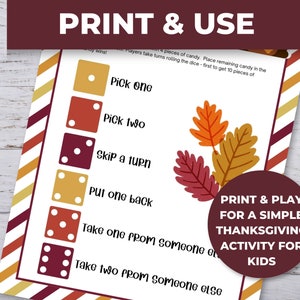 Printable Thanksgiving Candy Dice Game, Thanksgiving Activities for ...