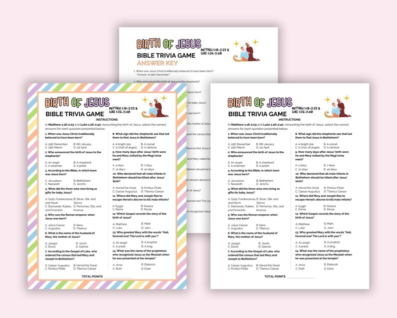Birth of Jesus Bible Trivia for Kids, Printable Trivia Game, Bible ...