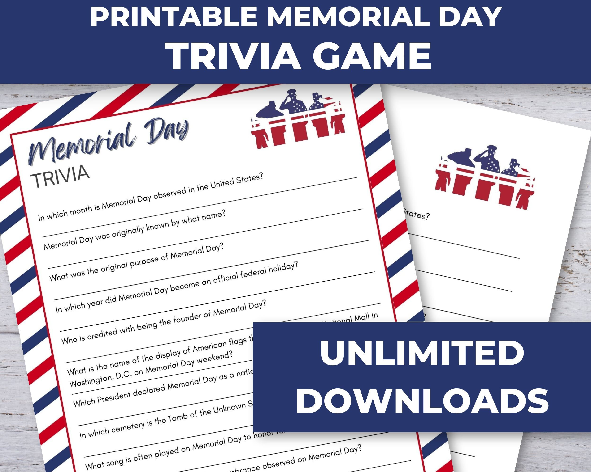Memorial Day Trivia, Memorial Day Printable, Memorial Day Game ...