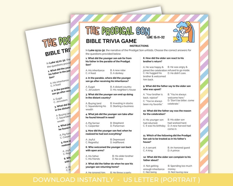 The Prodigal Son Bible Trivia for Kids, Printable Trivia Game, Bible ...