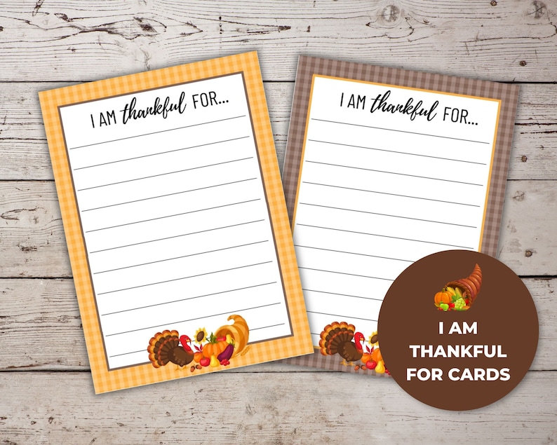 I Am Thankful for Printables, Thanksgiving Gratitude Cards, Thankful ...