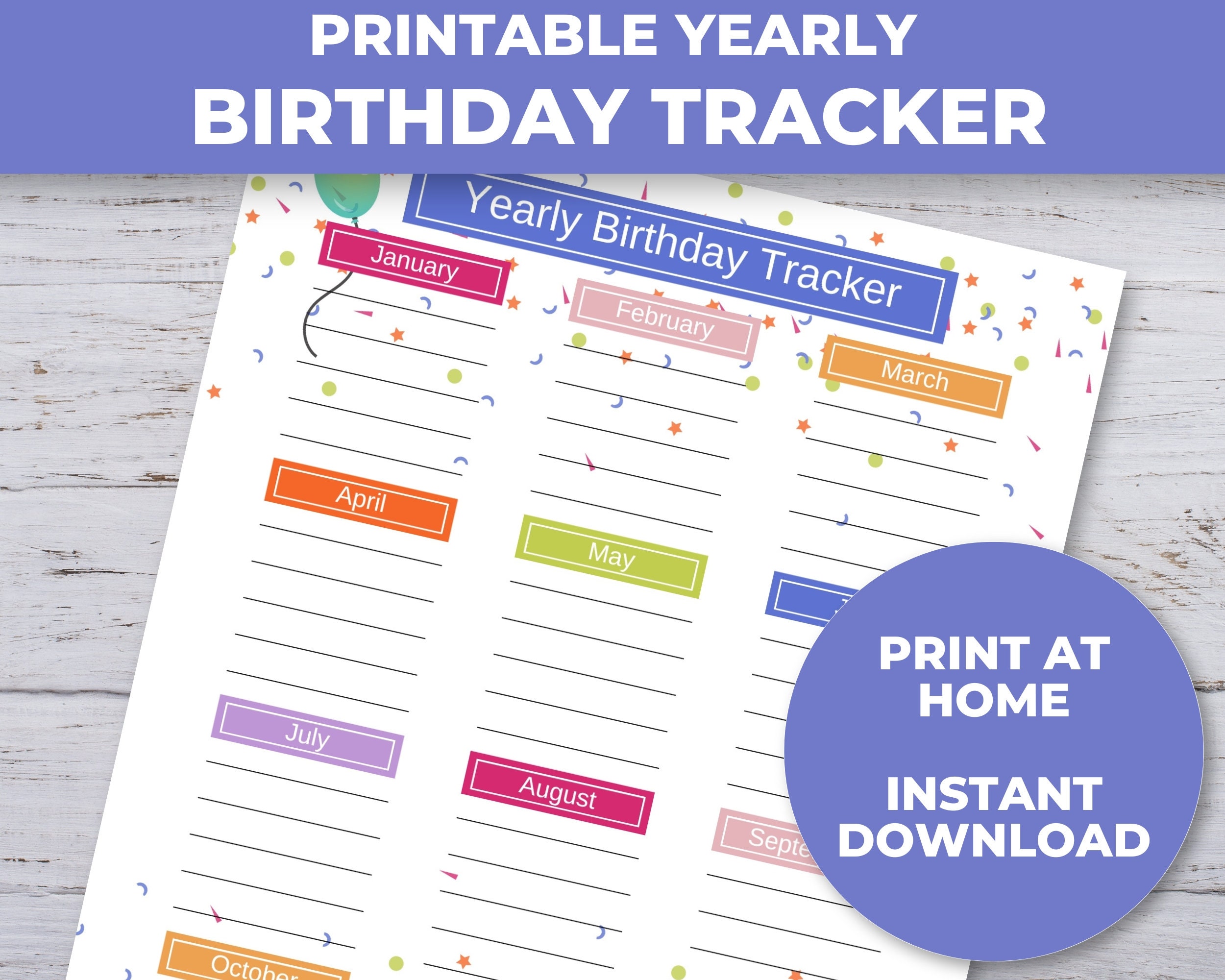 Yearly Birthday Calendar, Printable Birthday Tracker, Birthday List ...