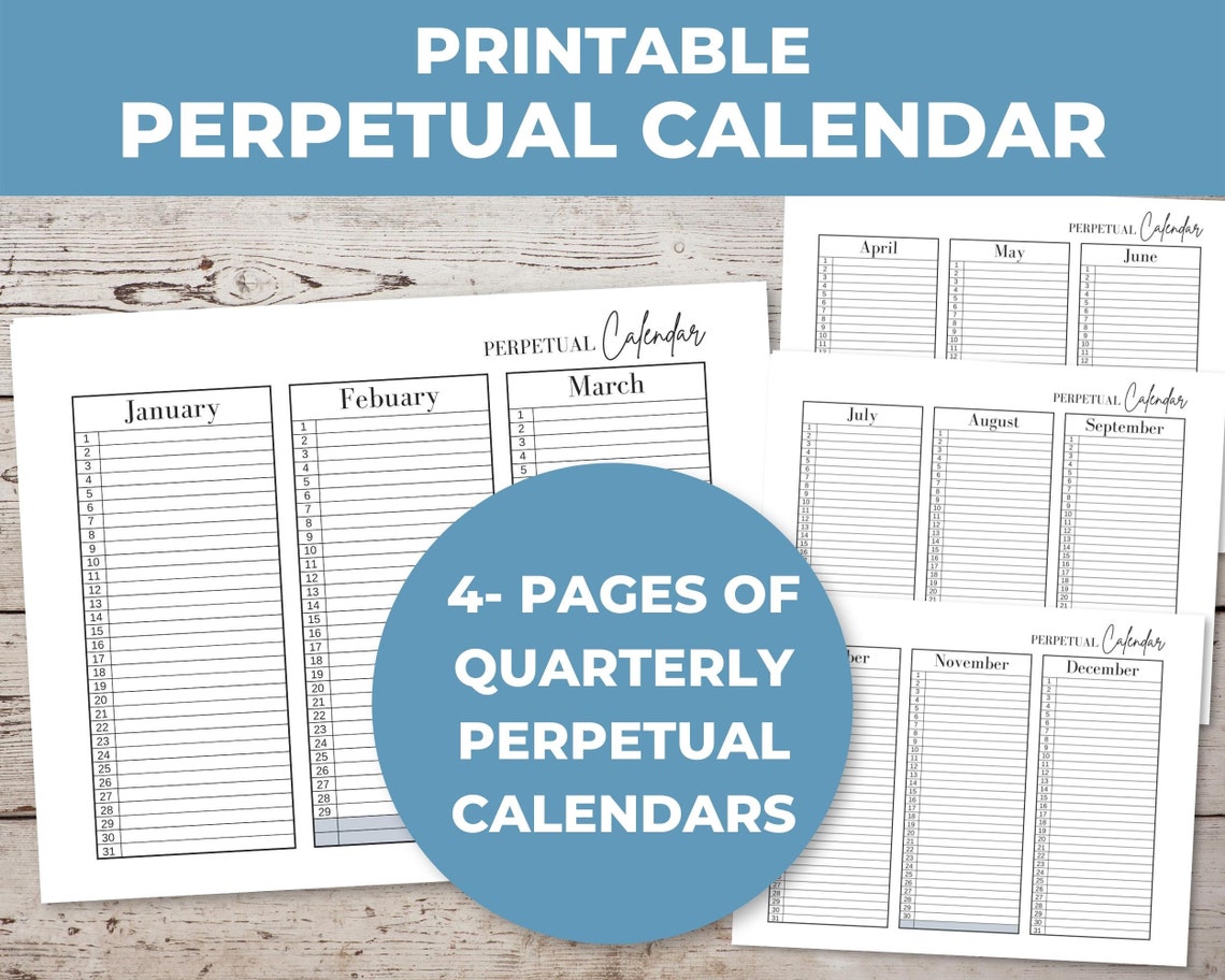 Printable Perpetual Calendar, Undated Calendar Printable, Year at A ...