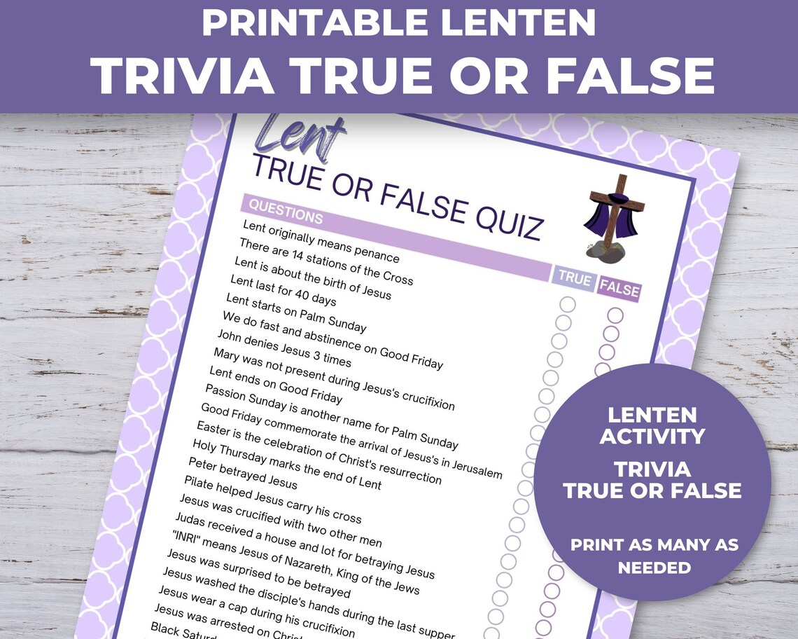 Lent Trivia Printable, Lenten True or False Trivia Game, Lent Printable ...